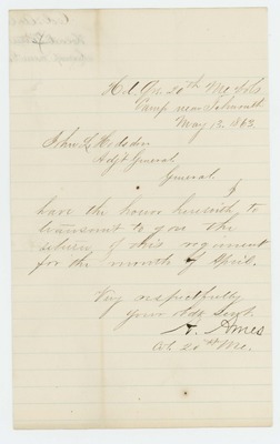 "1863-05-13 Colonel Ames sends the April monthly return [not attached ...