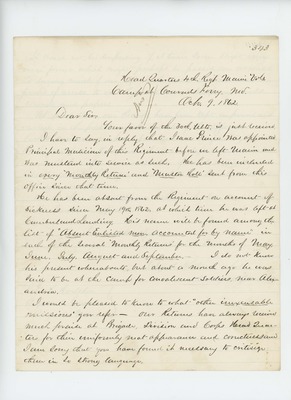 "1862-10-09 Colonel Walker writes Adjutant General Hodsdon regarding h ...